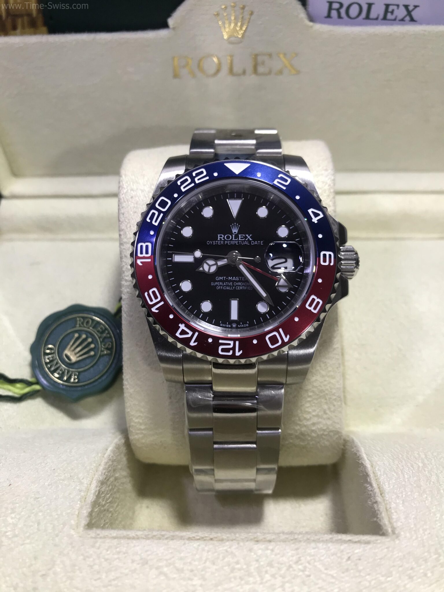 Rolex GMT Pepsi Black Dial Red Hand 40mm CC | https://time-swiss.com